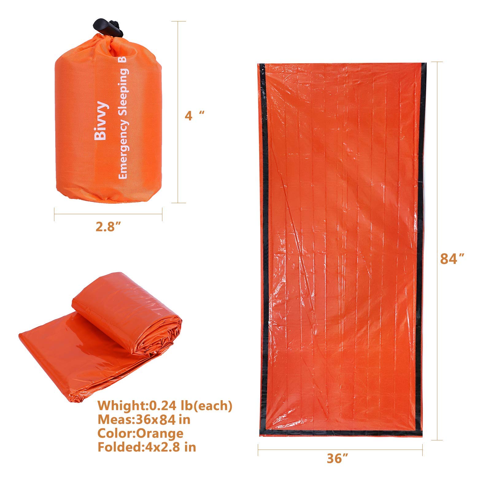 Emergency Survival Sleeping Bag with Stuff Sack and Whistle Waterproof Thermal Bivy Sack Portable Lightweight Emergency Survival Blanket for Camping,Hiking,Outdoor Adventure Activities(2 Pack)
