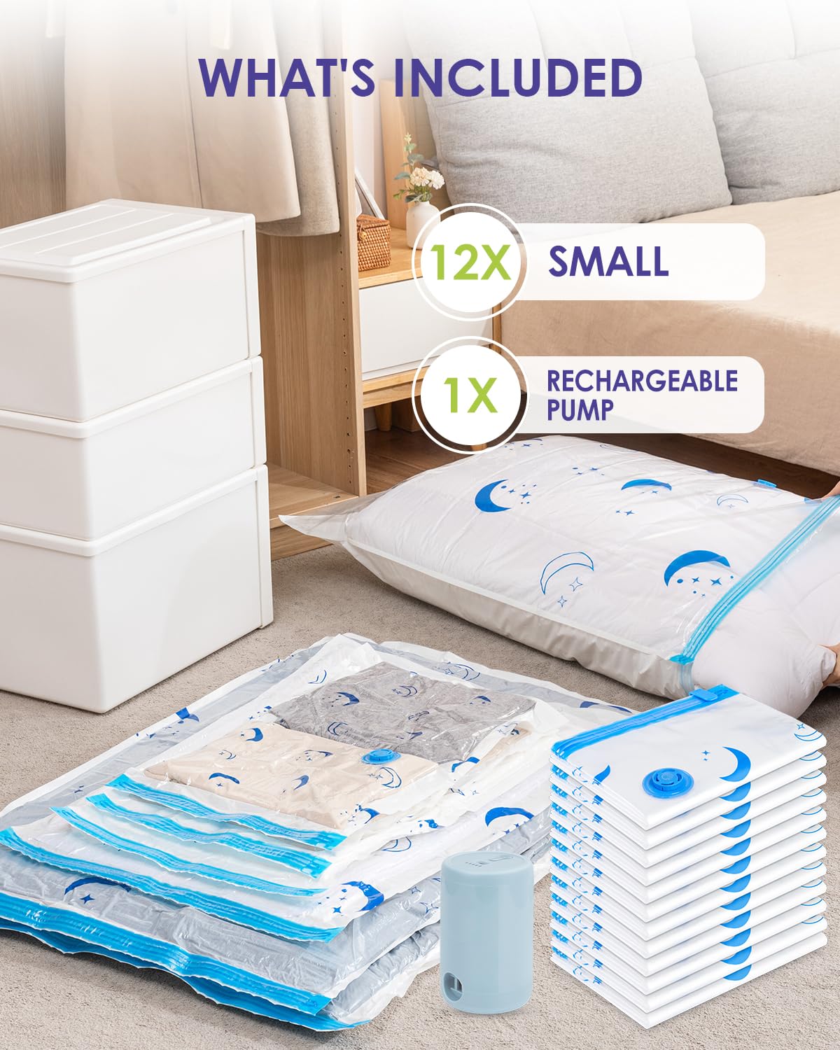 Vacuum Storage Bags, 5 Pack Large Size (32"x22") Reusable Vacuum Compression Space Saving Bag for Clothes, Mattress, Blankets, Duvets, Pillows, Comforters, Quilts, Dresses, Travel