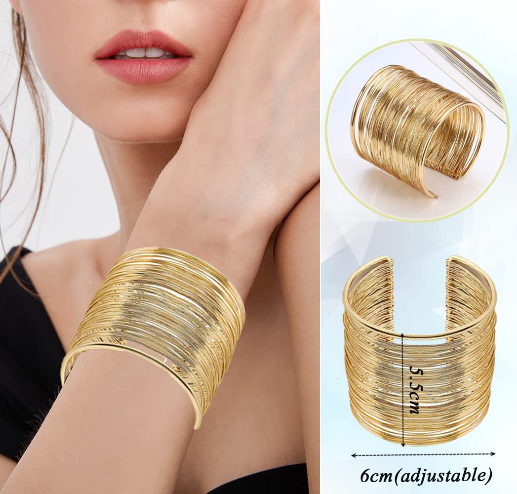FIRAZIO 2 Pcs Cuff Bangle Bracelet for Women Open Wide Wire Bracelets Gold Wrist Cuff Wrap Bracelet