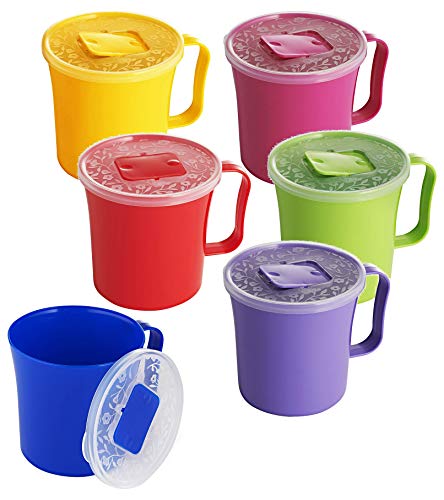 Zilpoo 6 Pack - Soup Mug with Vented Lid and Handle 20 Ounce | Plastic Microwaveable Oatmeal Cereal Cup with Cover | Microwave Safe Lidded Bowl