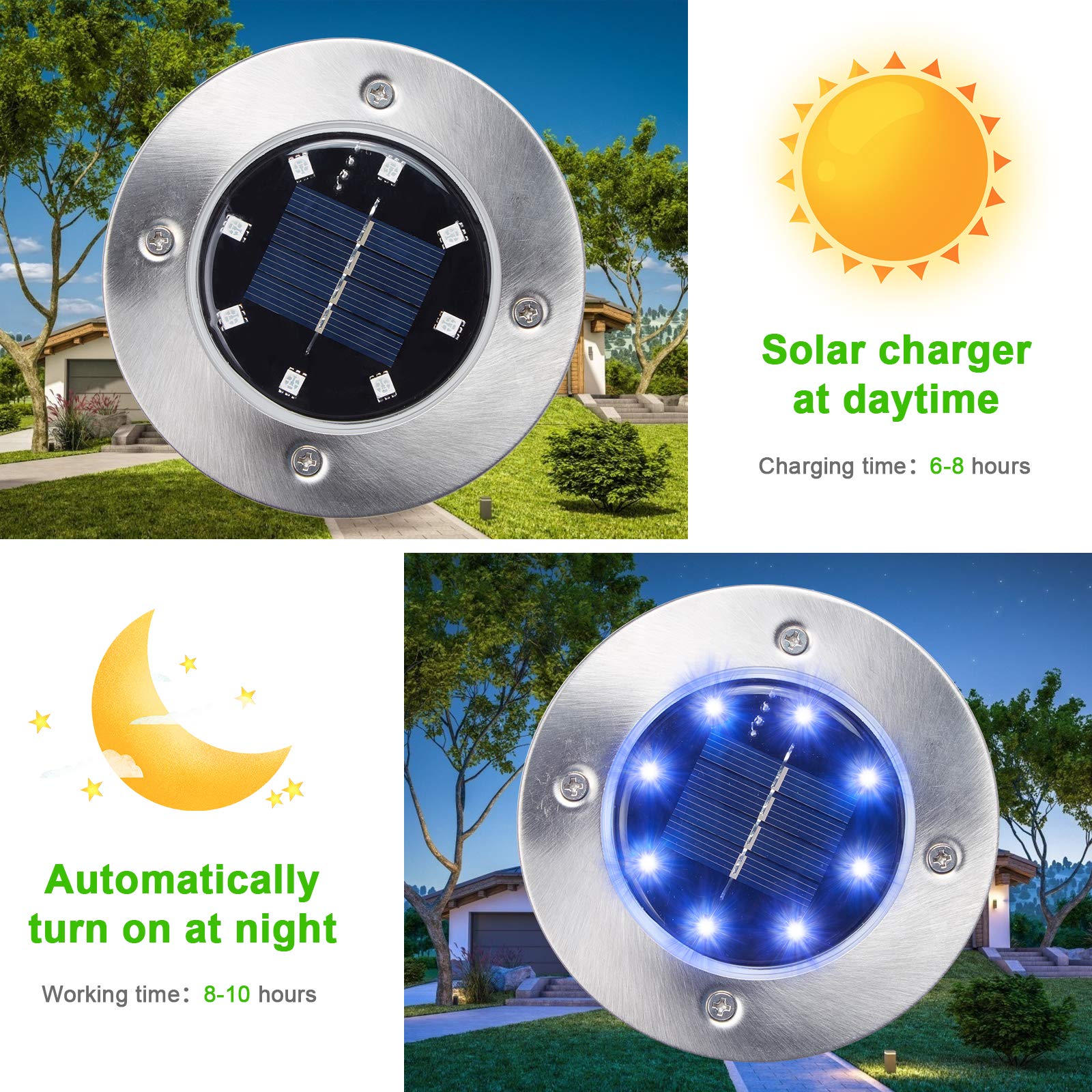 K.E.J. Solar Ground Lights, 8 Pack, Waterproof Outdoor Lights for Garden Yard Patio Pathway Driveway Deck, Multicolor Solar Disk Lights