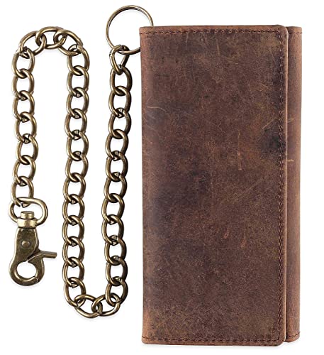 F&L CLASSIC RFID Blocking Mens Tri-fold Long Style Cowhide Leather Steel Chain Wallet,buffalo vintage leather