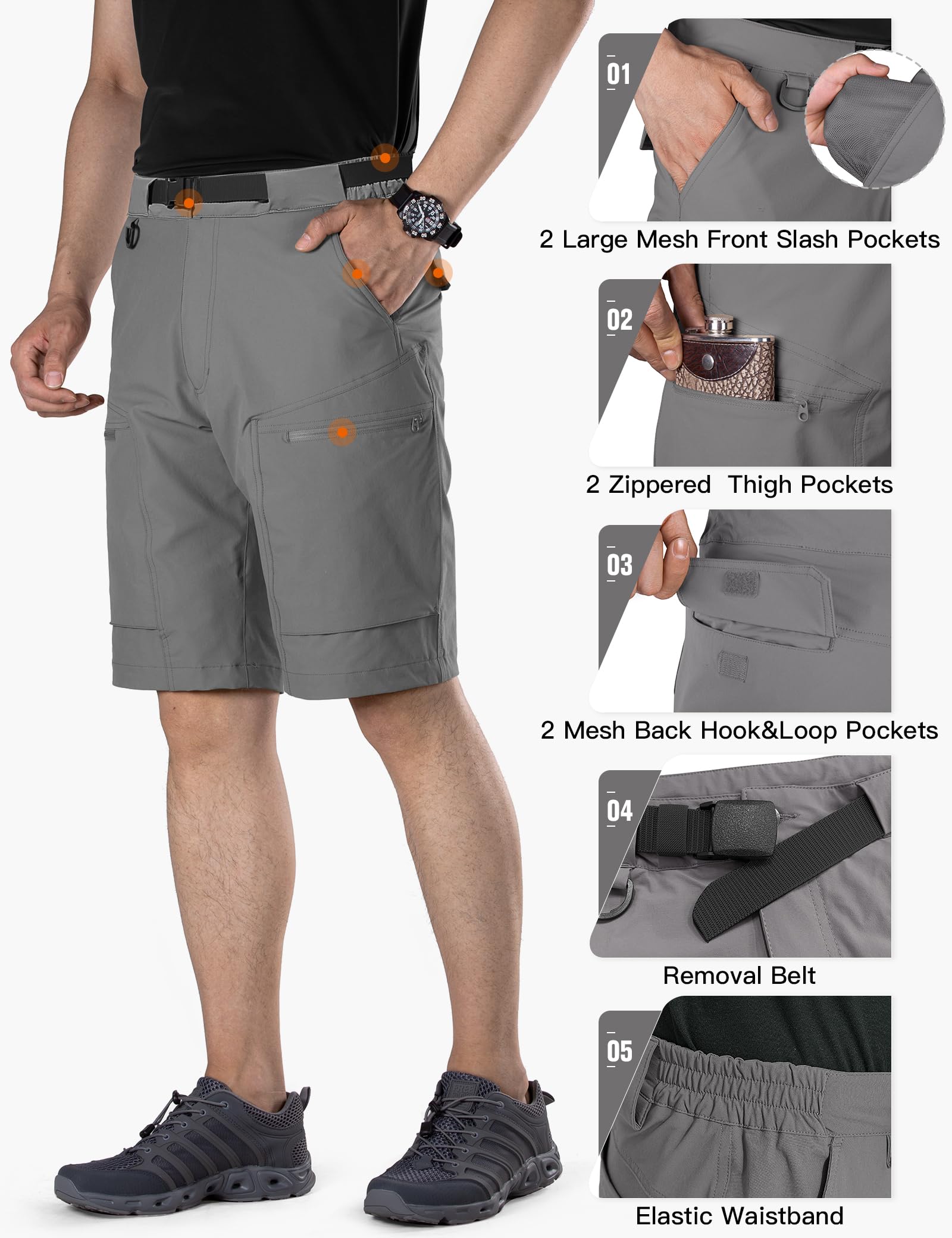 FREE SOLDIER Men's Lightweight Breathable Quick Dry Tactical Shorts Hiking Cargo Shorts Nylon Spandex(Gray 38Wx12L)