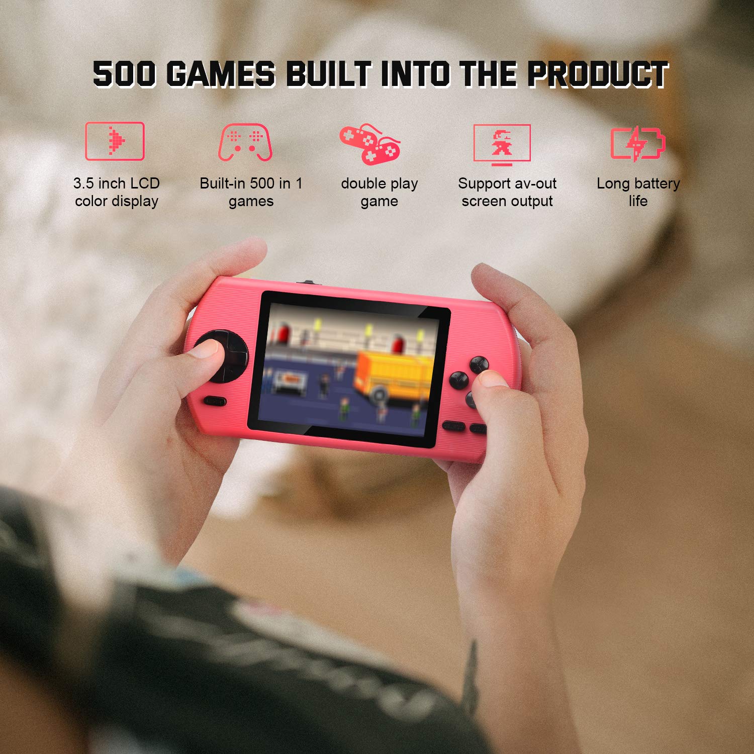 Handheld Game Console, Melusen 500 Classical FC Games 3.5-Inch Screen 1020mAh Rechargeable Battery Portable Retro Video Game Console Support for Connecting TV and Two Players