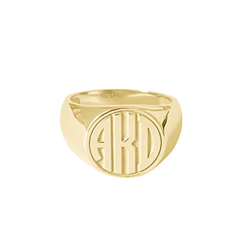 Elefezar 925 Silver Personalized Signet Ring with Block Letter Monogram Custom with 3 Initials (Gold)