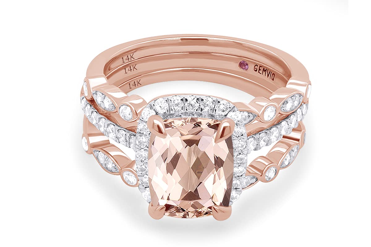 GEMVIO Collection 2 1/3 CT 7X9MM Cushion Cut Morganite Gemstone And Diamond Trio Ring Set in 14K Solid Rose Gold Engagement Anniversary Wedding Ring Set(2.34Cttw)