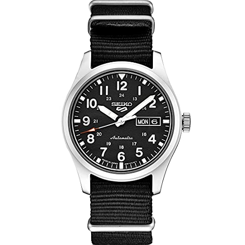 SEIKO SRPG37 Watch for Men - 5 Sports - Automatic with Manual Winding Movement, Black Dial, Stainless Steel Case, Black Nylon Strap, 100m Water Resistant, and Day/Date Display