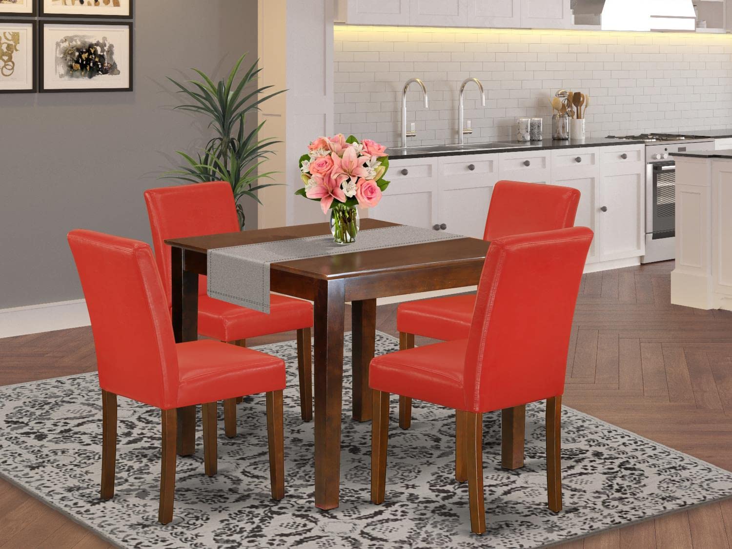 East West Furniture OXAB5-MAH-72 Oxford 5 Piece Modern Set Includes a Square Wooden Table and 4 Firebrick Red Faux Leather Parson Dining Chairs, 36x36 Inch