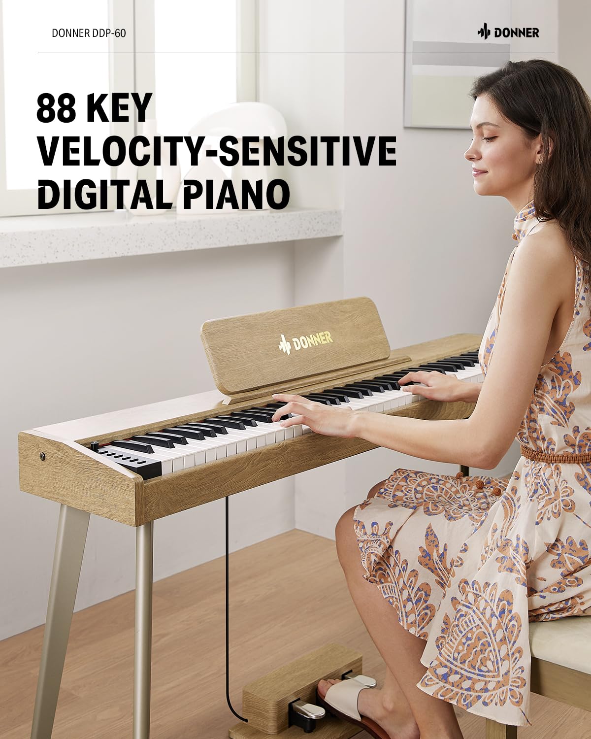 Donner 88 Key Digital Piano for Beginner, Electric Keyboard with Velocity-Sensitive Keys, 128 Voices, 83 Rhythms, 8 Reverb Effects, DDP-60 Piano Include 3 Piano Style Pedals, Power Supply, Stand