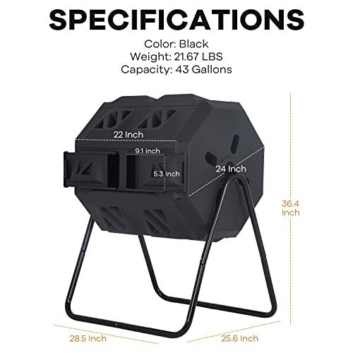 MGHH Outdoor Composting Bins, Tumbling Composter Dual Rotating Batch Compost Bin, for Yard Waster 43 Gallon Black Door