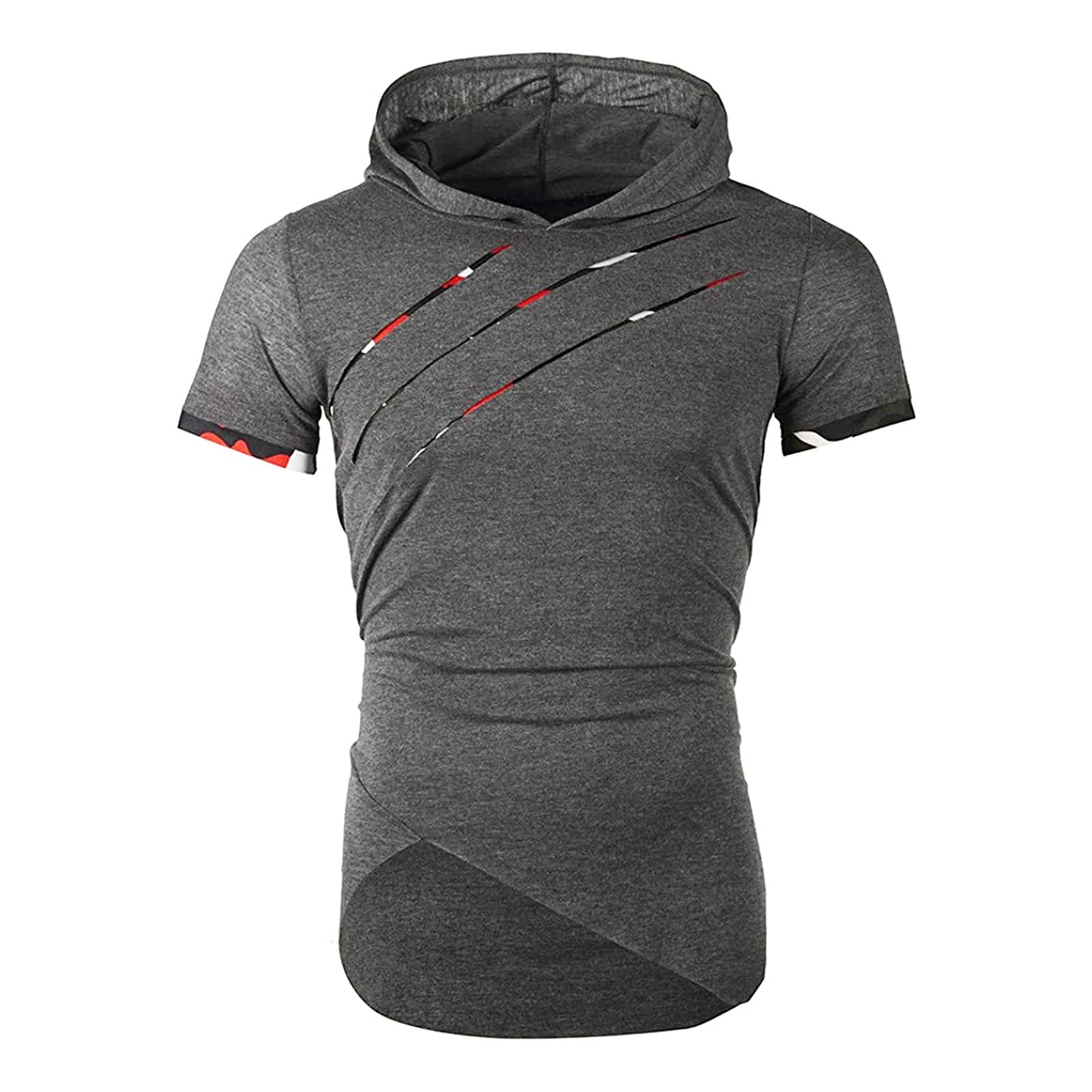 Maiyifu-GJ Men's Hip Hop Ripped Hoodie Tops Short Sleeve Hooded Workout Sweatshirts Casual Gym Hoodies T-Shirt Pullover (Dark Grey,Medium)