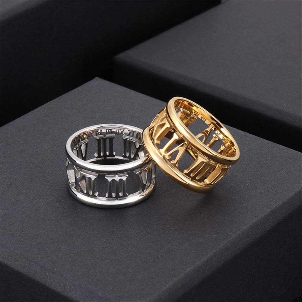 Elefezar Cut Out Roman Numeral Ring Stainless Steel Openwork Jewelry Wedding Band Gifts for Women 18K Gold 8