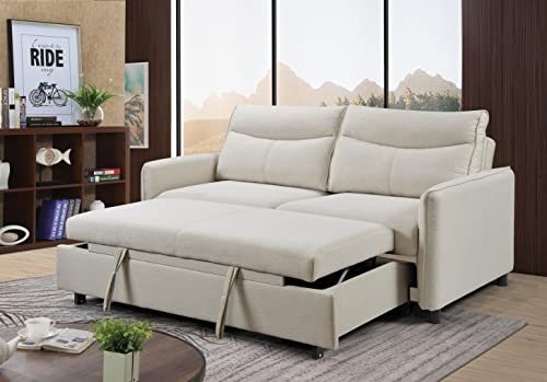 ERYE 74.5" W Futon Loveseat W/Pull Couch Bed and 2 Pillows,3 in 1 Reclining Backrest Love Seat Convertible Queen Size Sleeper & Sofabed for Home Apartment Office Living Room, Beige