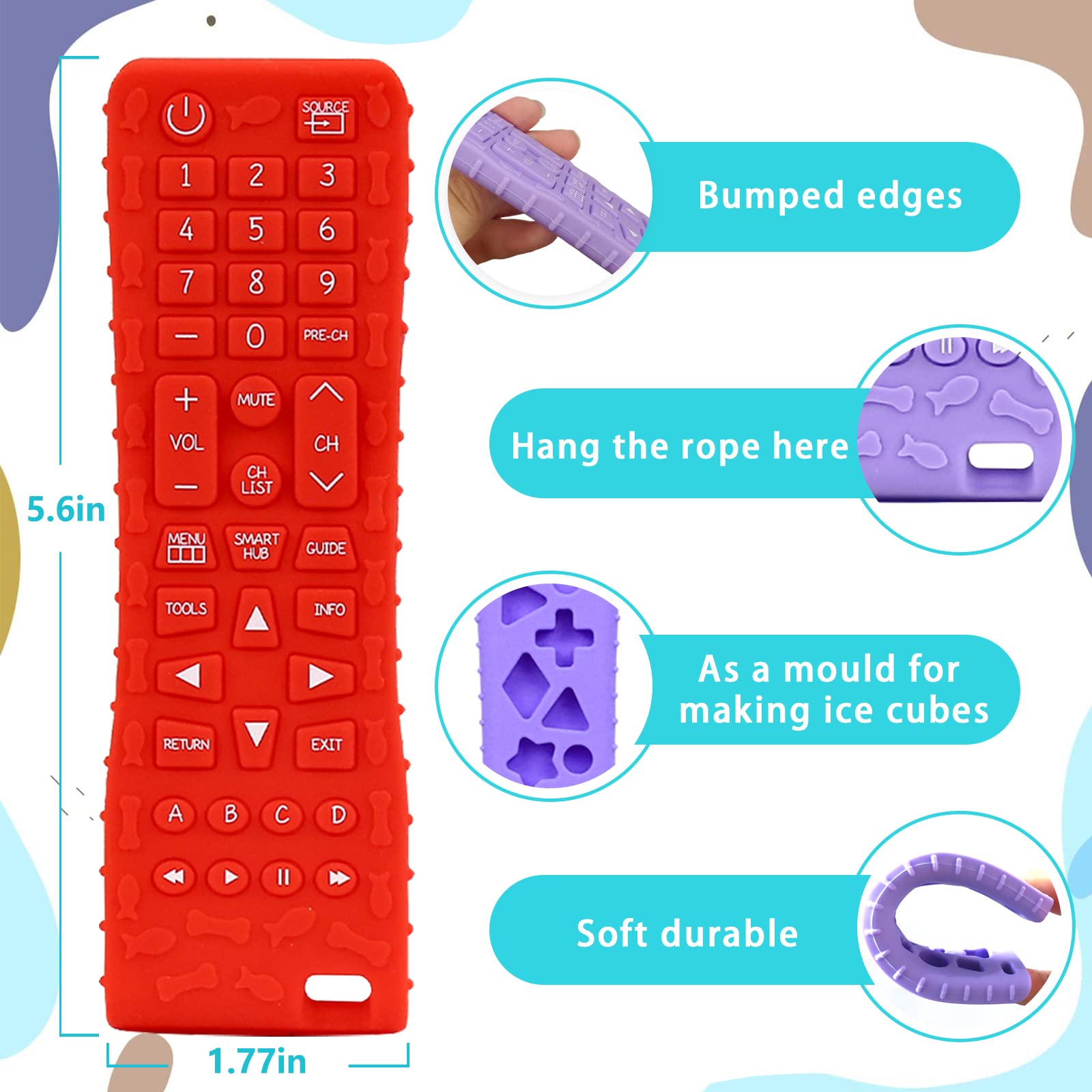FATEORT 2-Pack Baby Teething Toys for 0-3-6-12 Months,Pressable Remote Control Chew Toys for Babies 0 3 6 9 12 18 Months (Red + Purple)