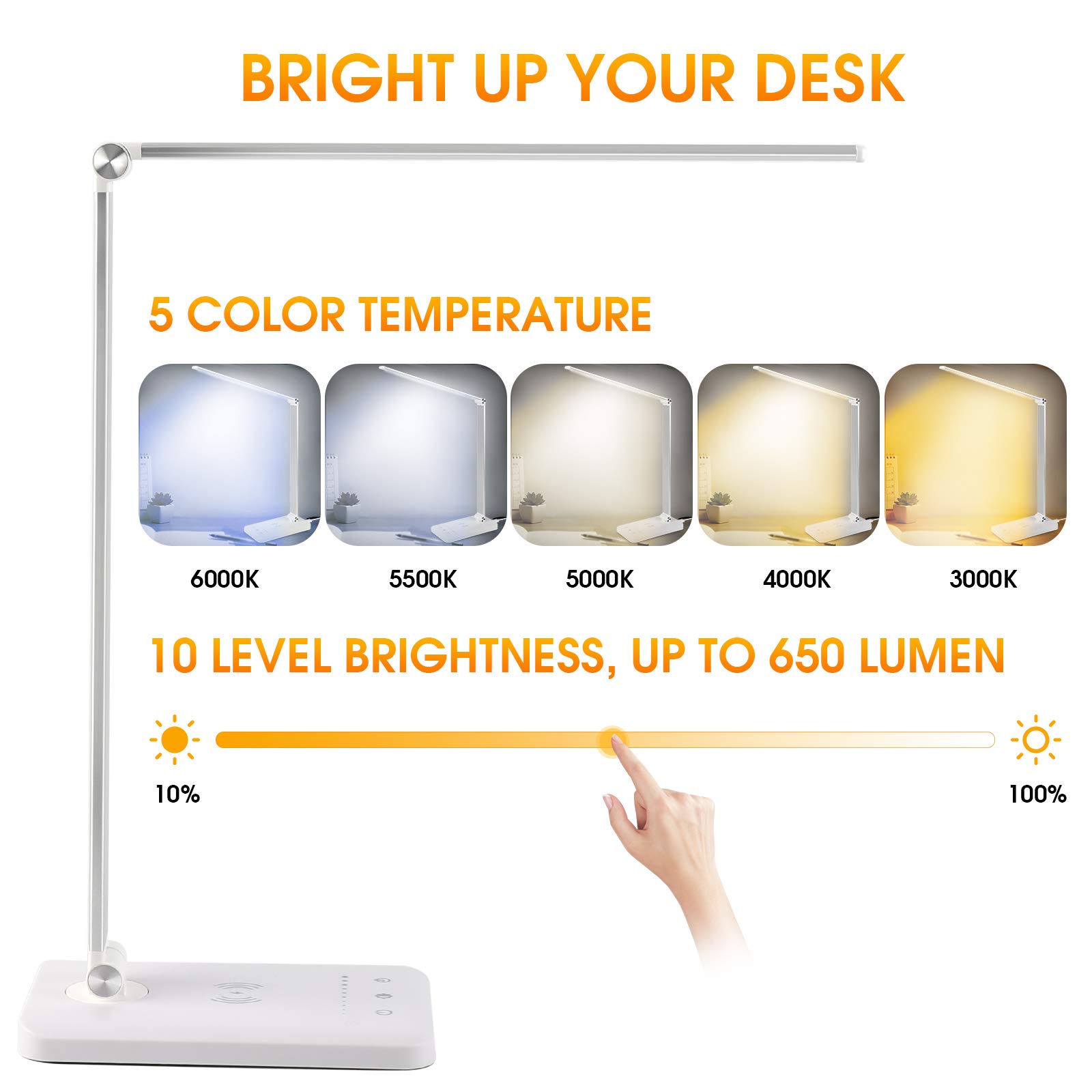 EASTAR LED Desk Lamp with USB Charging Port, Wireless Charger, College Dorm Room Essentials, Modern Eye-Caring Desk Lamps for Home Office,5 Lighting Modes, Bright Desk Light with Timer, Silver-White
