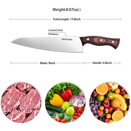 FXFSTEEL Chef Knife, 9 inch Kitchen Knife Stainless Steel with Red Solid Wood Handle Professional Sharp Cleaver Knife for Cutting Vegetable Meat Cooking Knife Accessories