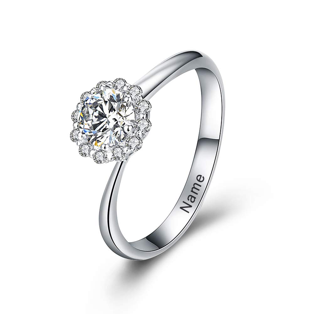 ELFRONT Personalized Moissanite Engagement Ring for Women Wedding Ring with Engraved Name Gold Anniversary Ring Band (Silver, 14K Solid Gold)
