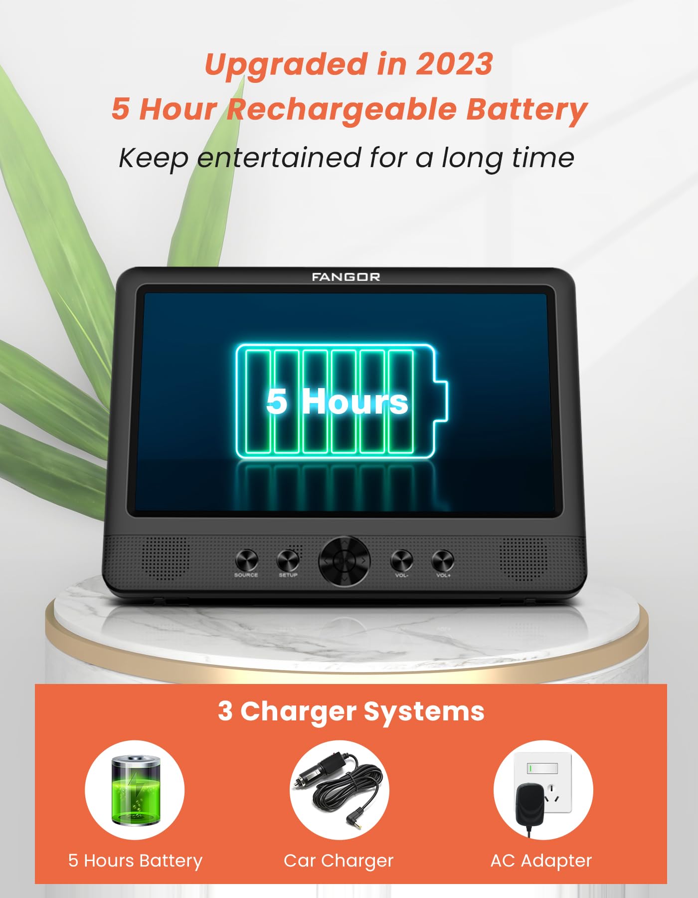 FANGOR 10.5'' Car DVD Player Dual, Portable DVD Player for Car with 5 Hours Rechargeable Battery, Two Mounting Brackets, Support USB/SD, AV Out & in, Last Memory, (1 Player + 1 Monitor)