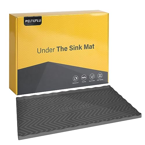 PELTEFLU Under Sink Mat, 34" x 22" Waterproof Under Sink Mats for Kitchen Bathroom, Flexible Silicone Rubber Under Sink Liner with Drain Hole, Thick Under Sink Mat Protect for Drips Leaks - Grey