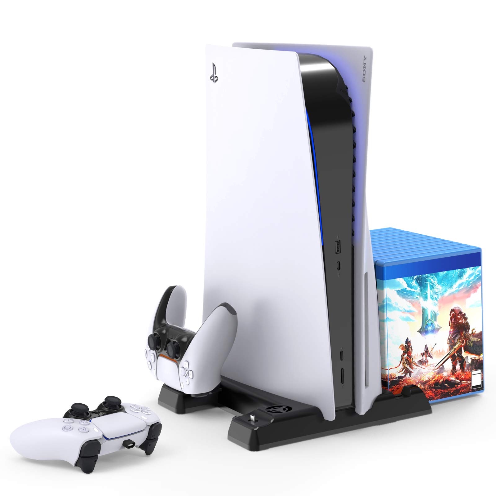 FASTSNAIL Vertical Stand with Cooling Fan&Controller Charger for PlayStation 5, Dualsense Controller Charging Station for Sony PS5/PS5 Digital Edition, Includes Extra 11PCS Video Game Organizer