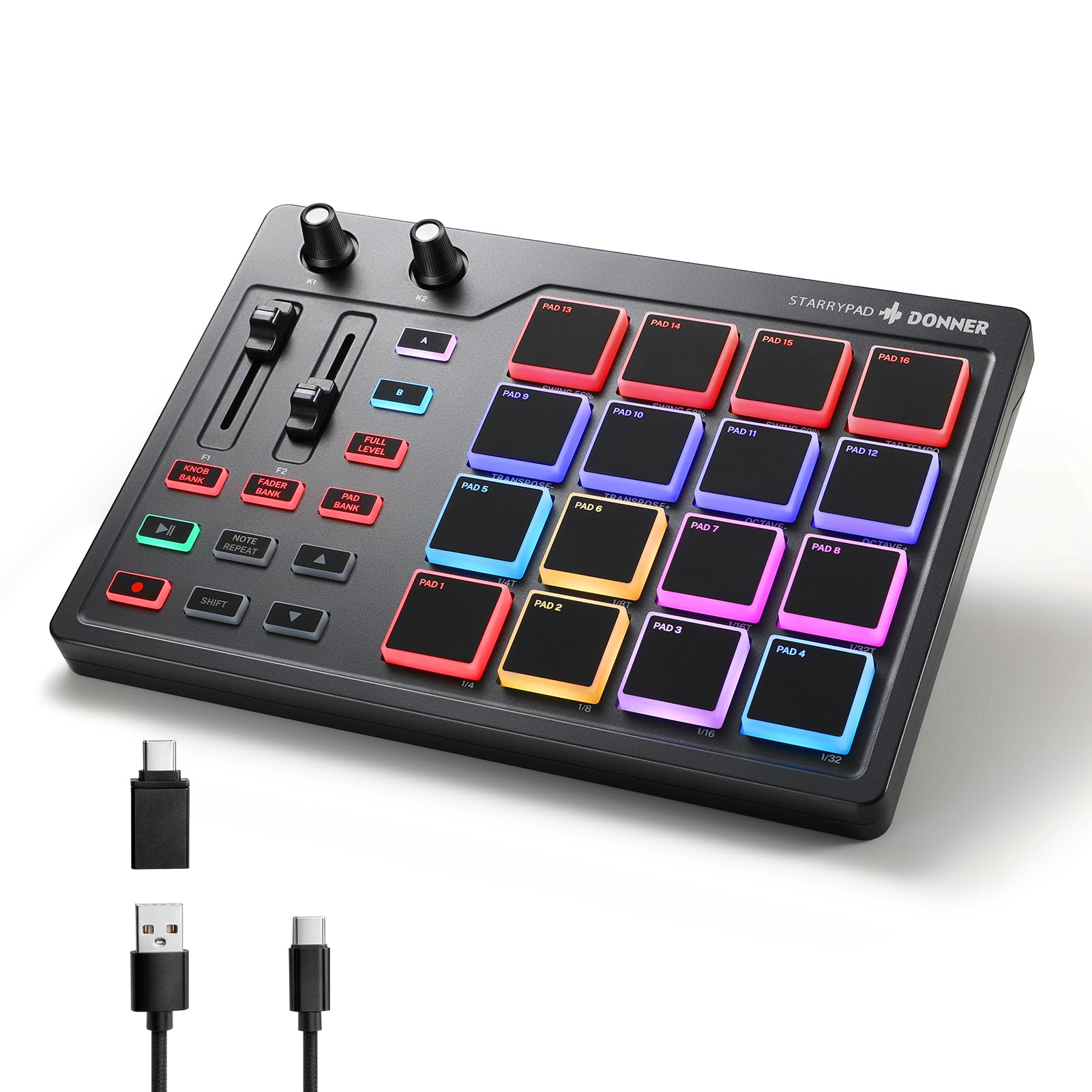Donner MIDI Keyboard Controller, DMK25 Portable MIDI with 25 Responsive Keys, 8 Great Tactile Backlit Drum Pads, 4 Assignable Knobs for Beginners & Music Composition Lover, Great Gift for Son, Black