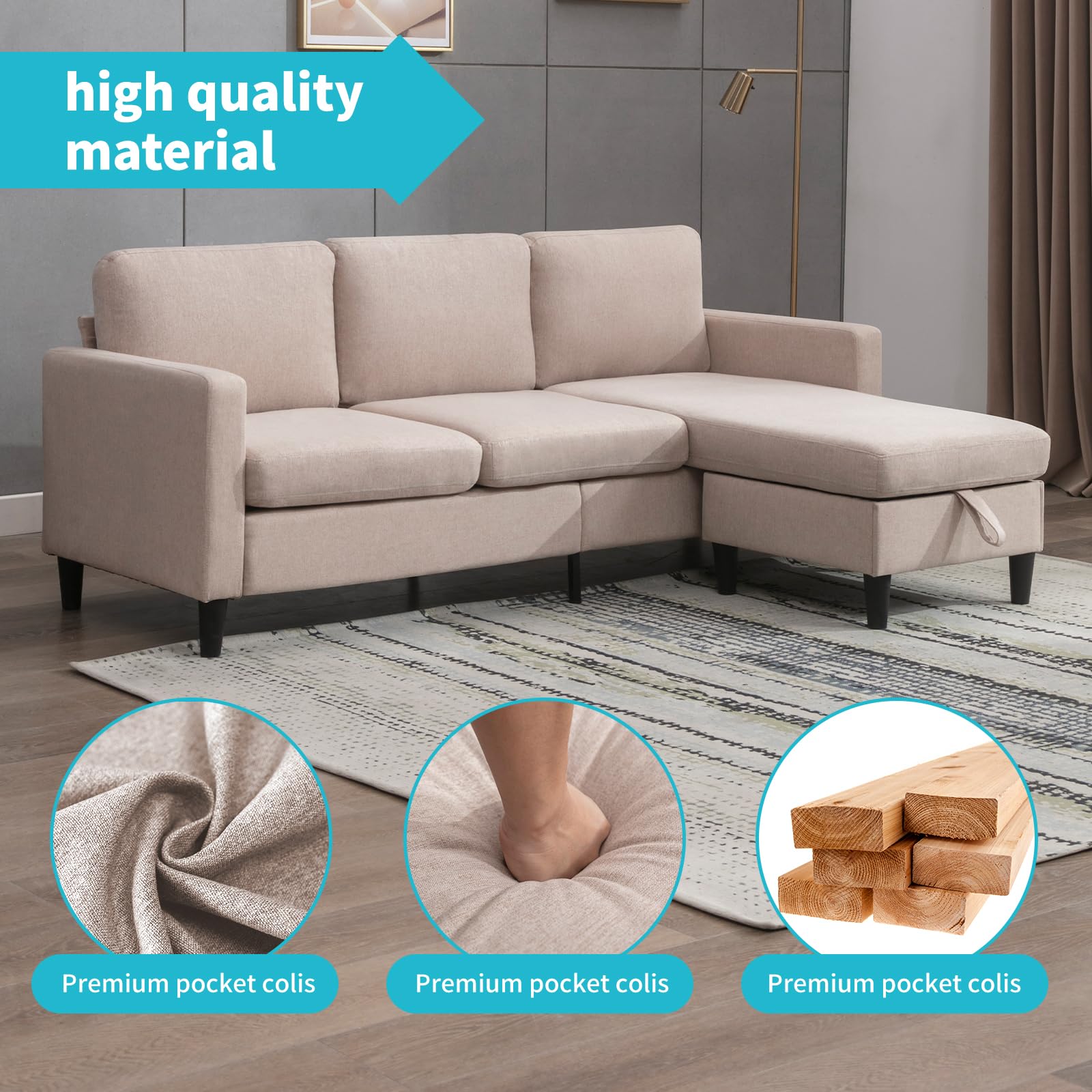 PUREMIND 85'' W Small Sectional Sofa Couch, L Shaped Sectional Sofa, Convertible Sectional Couch with Reversible Chaise, Linen 3-Seat Couches with Thick Cushion for Living Room (Light Grey)