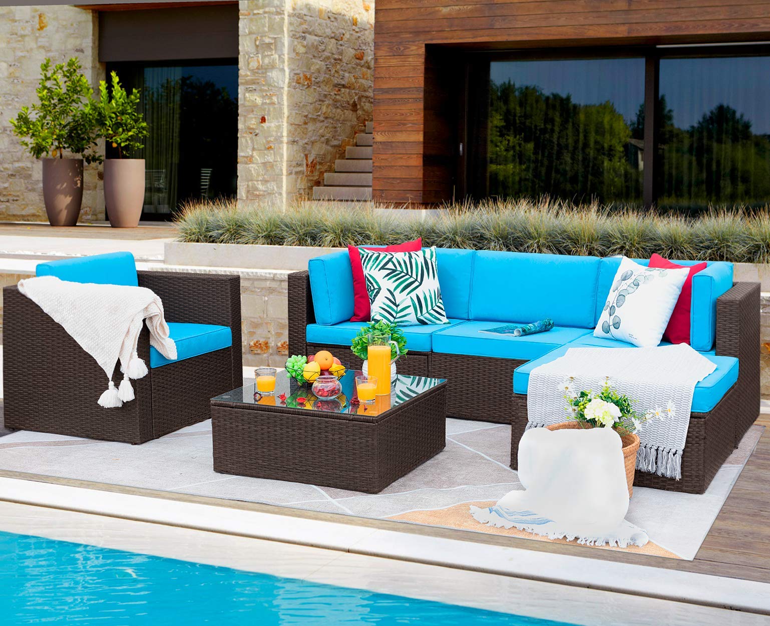 Flamaker 6 Pieces Patio Furniture Set Outdoor Sectional Sofa Outdoor Furniture Set Patio Sofa Set Conversation Set with Cushion and Table (Blue)