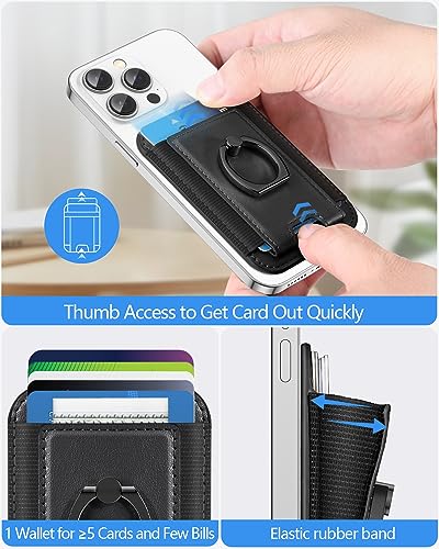 Miroddi Magnetic Wallet for iPhone 12 13 14 15 Accessories Set for Magsafe Credit Card Holder Can Store 3 Cards Back of Leather Phone Wallet with Ring Grip Black