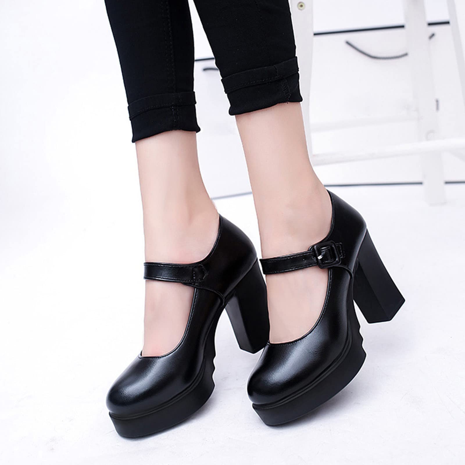 FASDNENDYS Buckle Casual Thick High Shoes Heels Ankle Work Strap Platform Women Heel Pumps Womens Boots That Lace up The Back Black