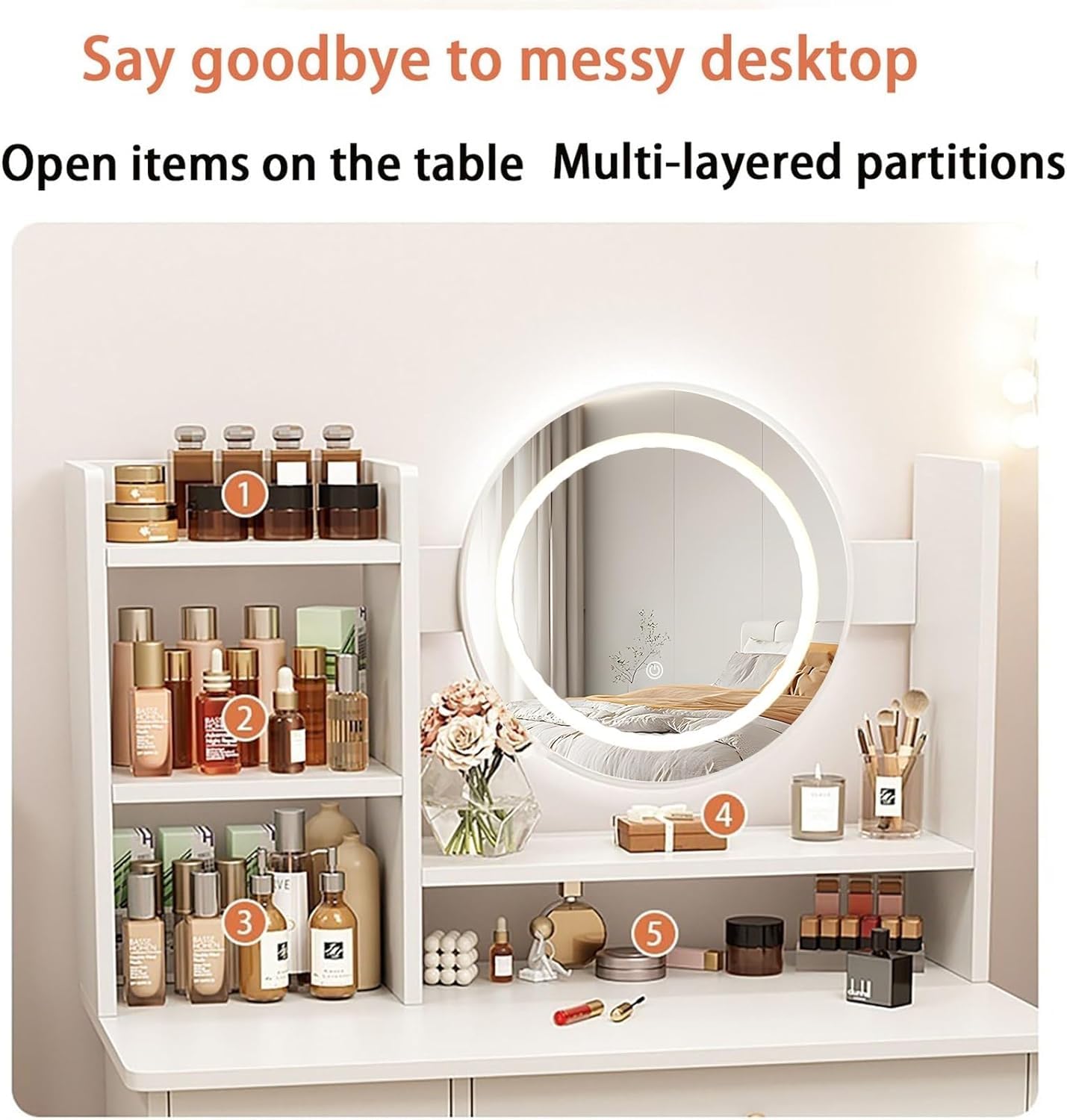 MONGMON Dressing Table,Makeup Table with Drawers, Vanity Desk with Mirror and led Lights,3 Lighting Mode,Makeup Vanity Desk,Multifunctional Makeup Writing Desk for Bedroom (White)