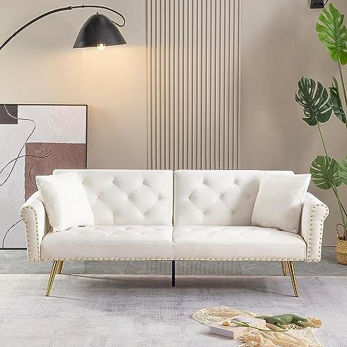 ERYE Beige Velvet with 2 Pillows 5 Legs Nailhead Decor