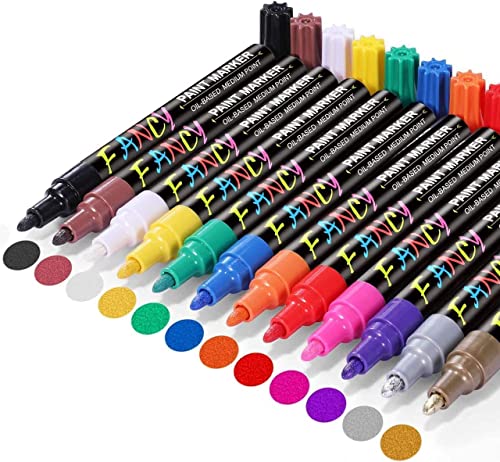 Emooqi Paint Pens, Paint Markers 12 Colors (3mm) Oil-Based Painting Pen Set for Rocks Painting Christmas Decorations Wood Plastic Canvas Glass Mugs