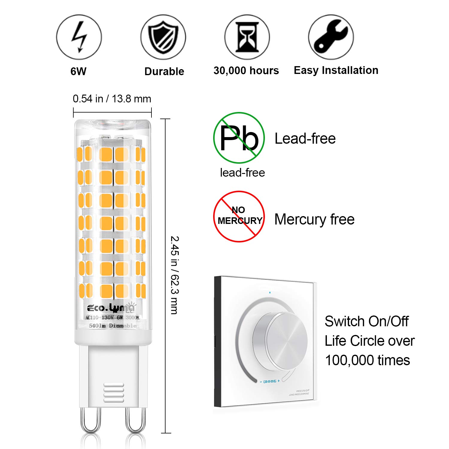 Eco.Luma G9 LED Bulb Dimmable, Warm White, 6W Equivalent 40W, 50W, 60W Halogen, 3000K, 540LM Light, AC 120V CRI 82, G9 Base (Soft Warm White, 6PCs)