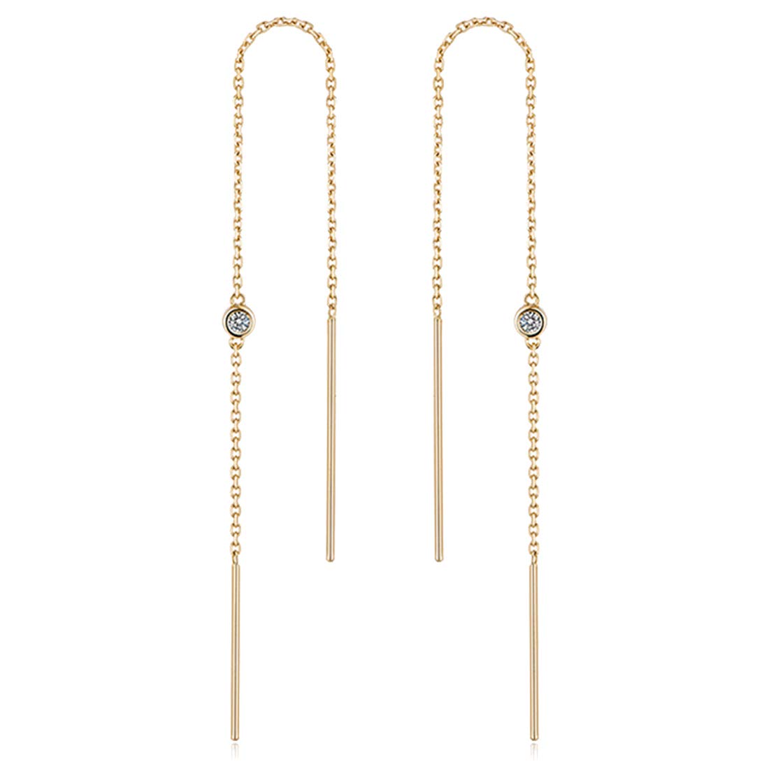 FANCIME 14K Real Solid Yellow Gold Threader Earrings with 0.03ct Diamonds Minimalism Long Chain Earrings Hypoallergenic Earrings Fine Jewelry for Women