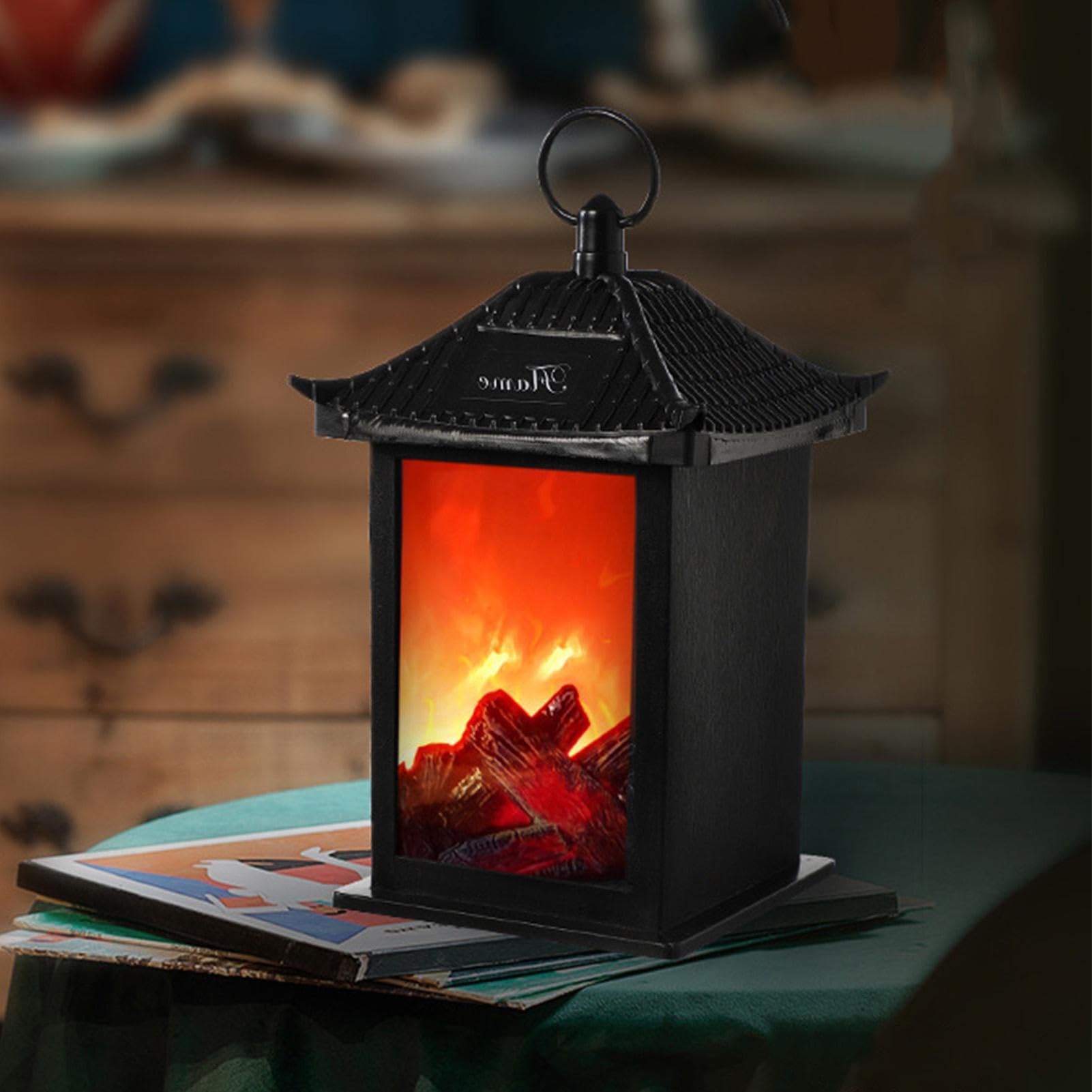 Fireplace Decorative Lantern, Table Top Electric Fireplace Lamp with Touch Switch, Wall Mounted Electric Fireplace with Realistic Flame Effect, Battery Operated LED Fireplace Lamp for Home Courtyard