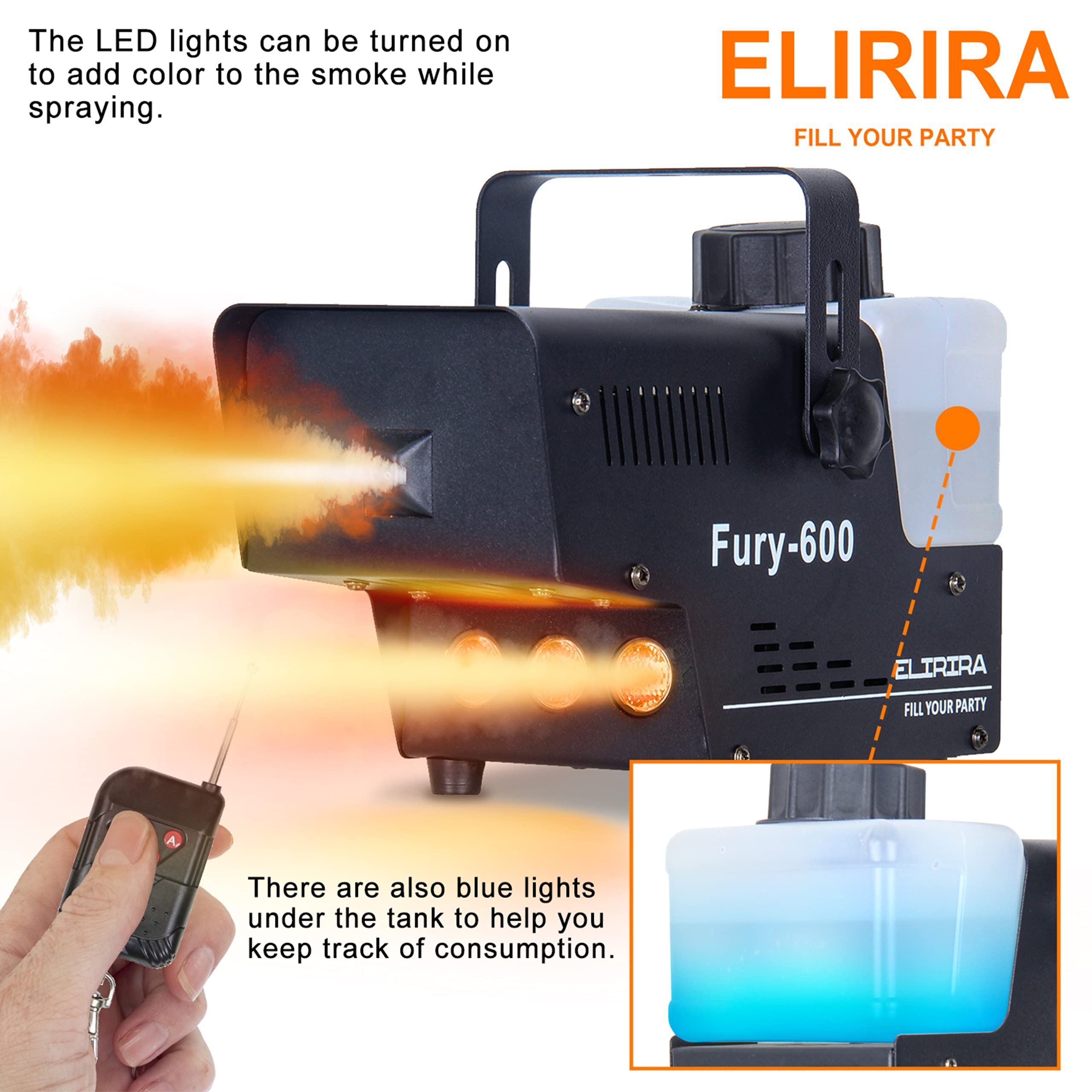 ELIRIRA Fog Machine Smoke Machine Metal Case LED Light 600W and 3500CFM Fog with Wireless Remote Control for Birthday,Wedding, Halloween,DJ Party,Stage Effect, with Safe Protection