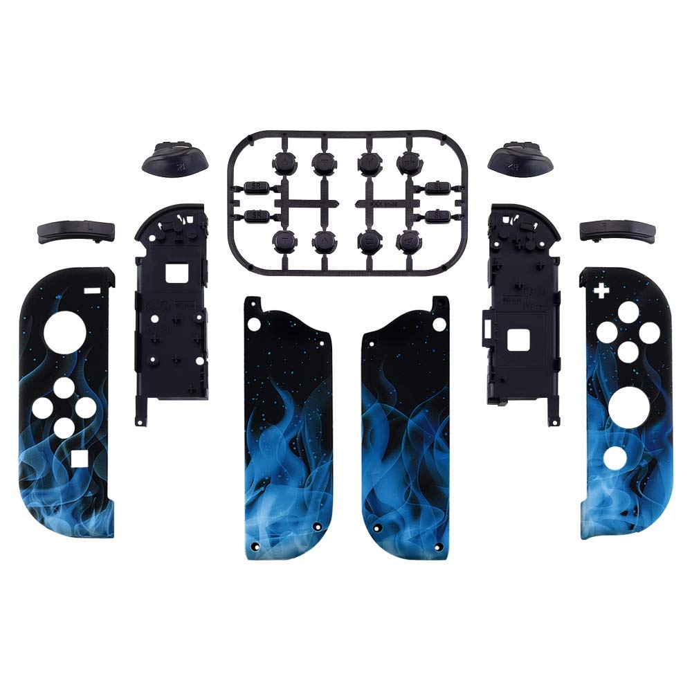 eXtremeRate DIY Replacement Shell Buttons for Nintendo Switch & Switch OLED, Blue Flame Soft Touch Custom Housing Case with Full Set Button for Joycon Handheld Controller - Joycon NOT Included