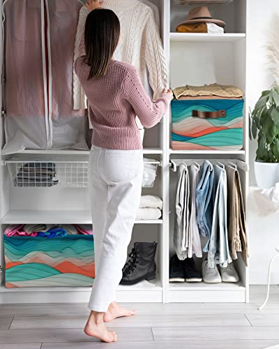 Geometric Mountain Range Storage Baskets for Organizing, Orange Teal Ombre Line Abstract Art Fabric Storage Bins for Shelf, Collapsible Cube Bin with Handles for Closet(15''x11''x9.5'')