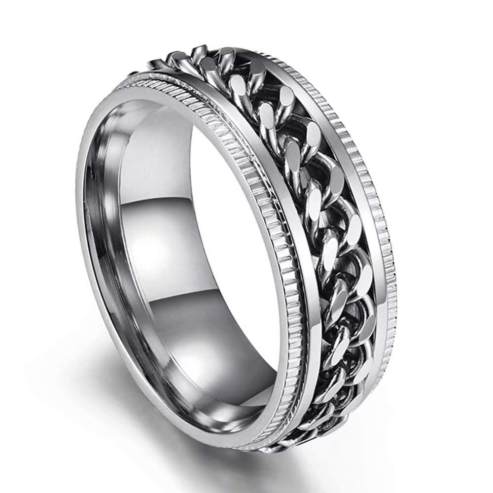 FAANCU 8mm Cuban Chain Black Spinner Ring Band Titanium Stainless Steel Fidget Ring Anxiety Ring for Men Women Size 10