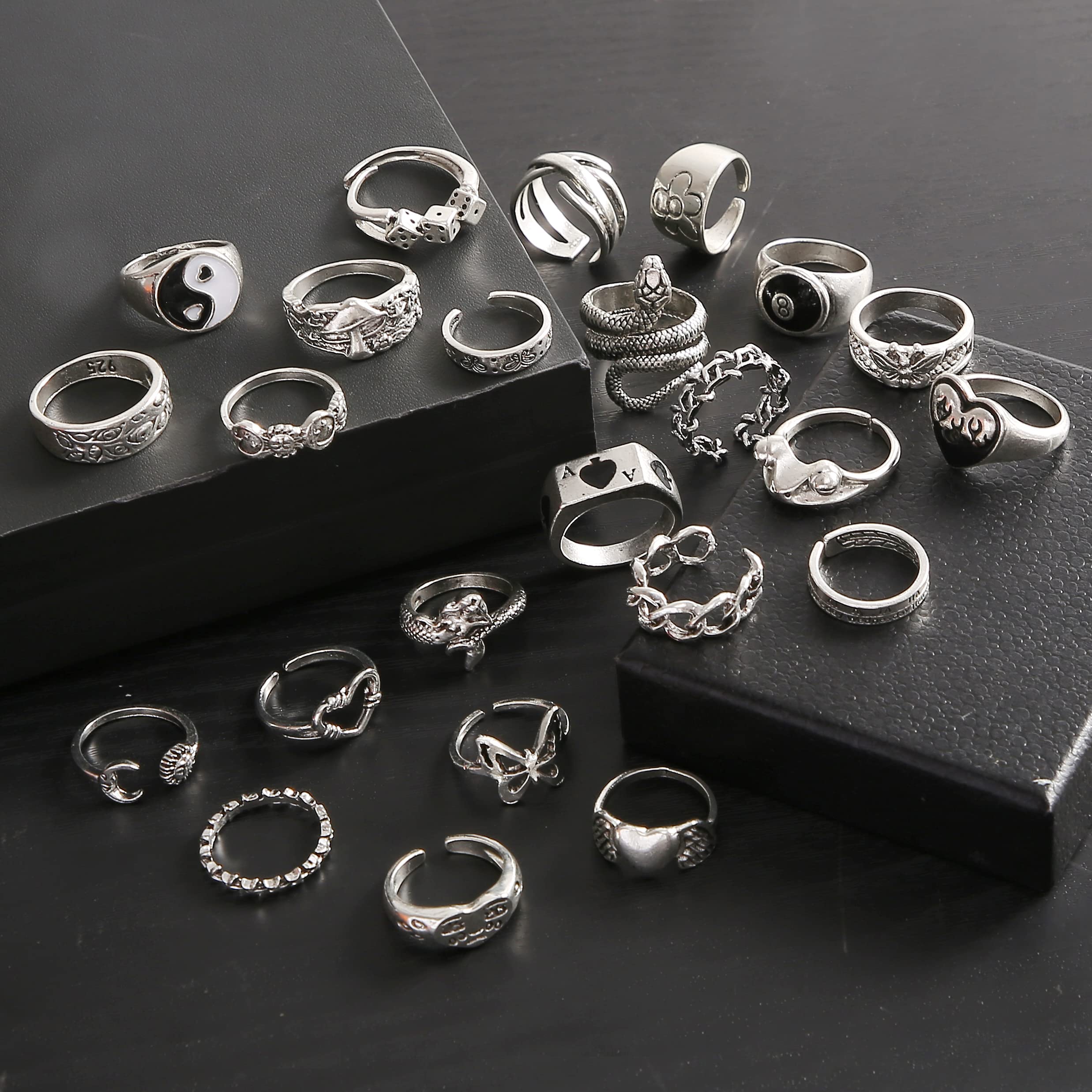 FAXHION Vintage Silver Open Punk Rings for Men Women, 24PCS Adjustable Rings, Chunky Silver Rings, Bulky Rings,Cool Gothic Ring,Statement Stacking Ring, Skull Snake Star Flower Heart Y2K Ring