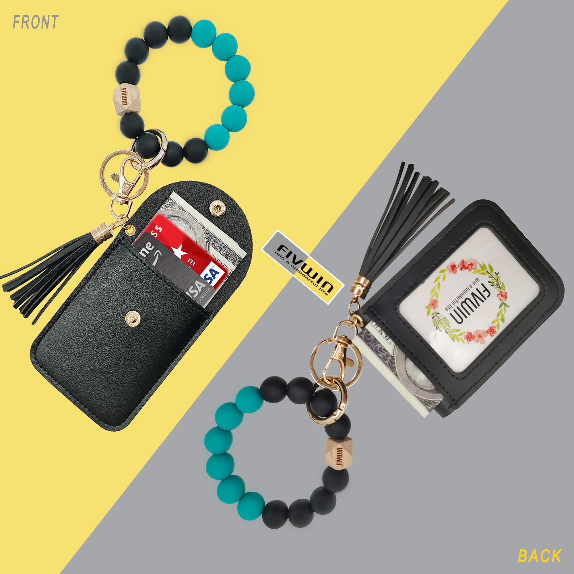 FIVWIN Wristlet Keychain Bracelet Wallet for Women Silicone Beaded Car Key Rings with Tassel Bangle Card Holder