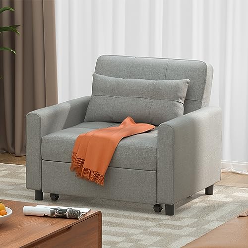 Noelse 34 Inch Sleeper Sofa Chair, 3-in-1 Convertible Sofa Chair Pull Out Chair Bed with Adjustable Backrest, Single Armchair for Living Room Apartment (Light Grey)