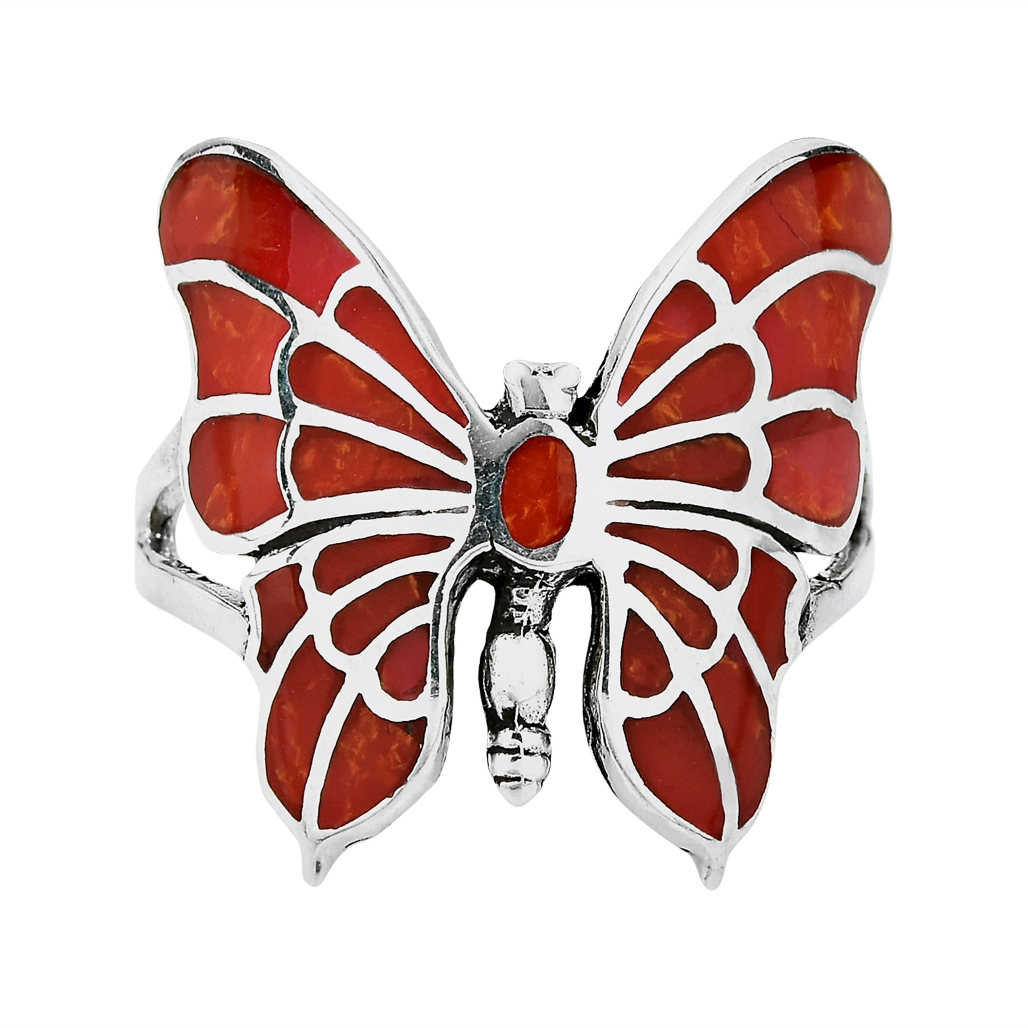 Exotic Graceful Butterfly Reconstructed Red Coral Inlay .925 Sterling Silver Ring (9)