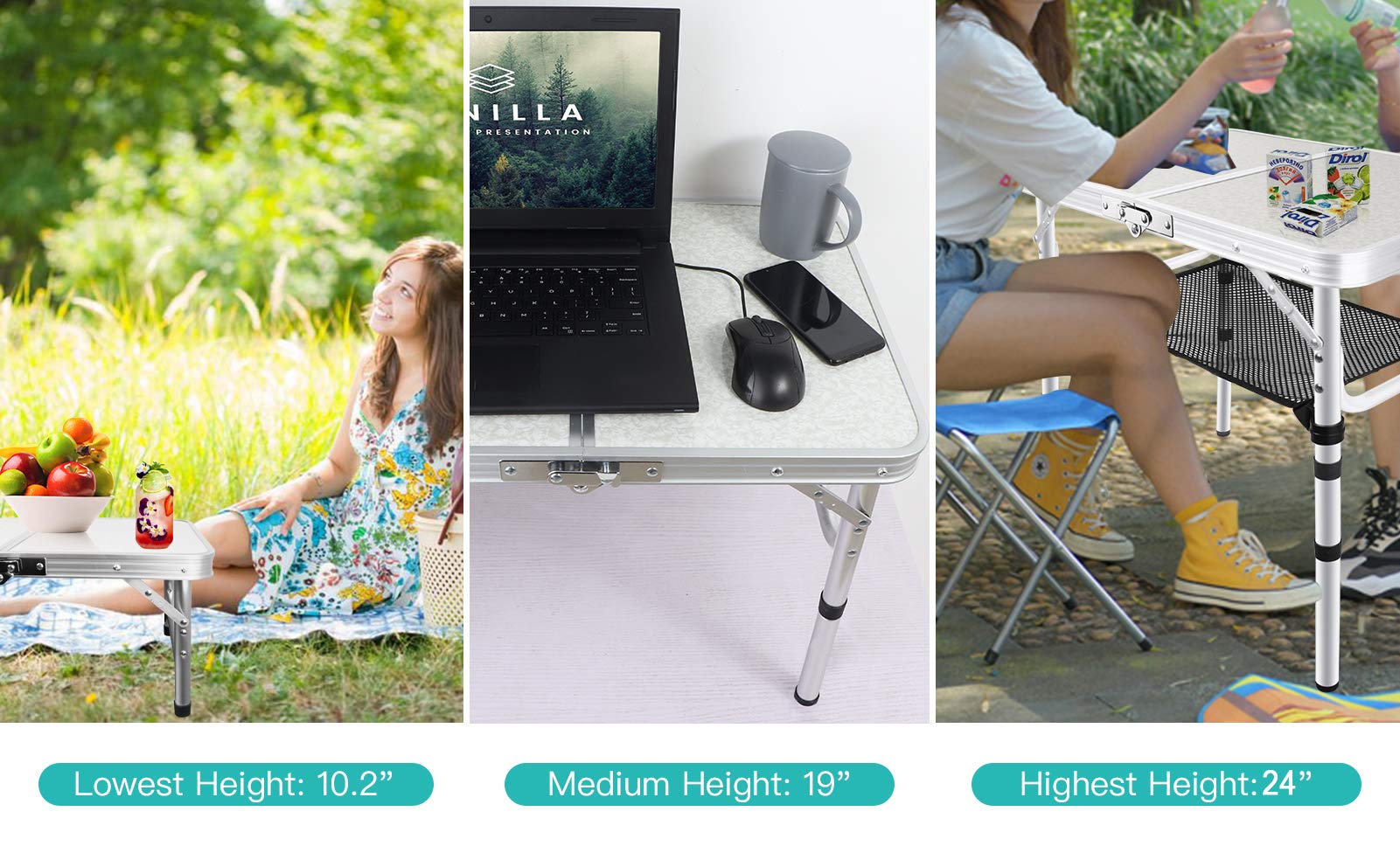 EXCELFU Small Folding Camping Table, Portable Adjustable Height Aluminum Camp Tables with Storage Mesh Lightweight Folding Table for Outdoor Indoor, Camp, Picnic, Cooking, Beach (3 Heights)