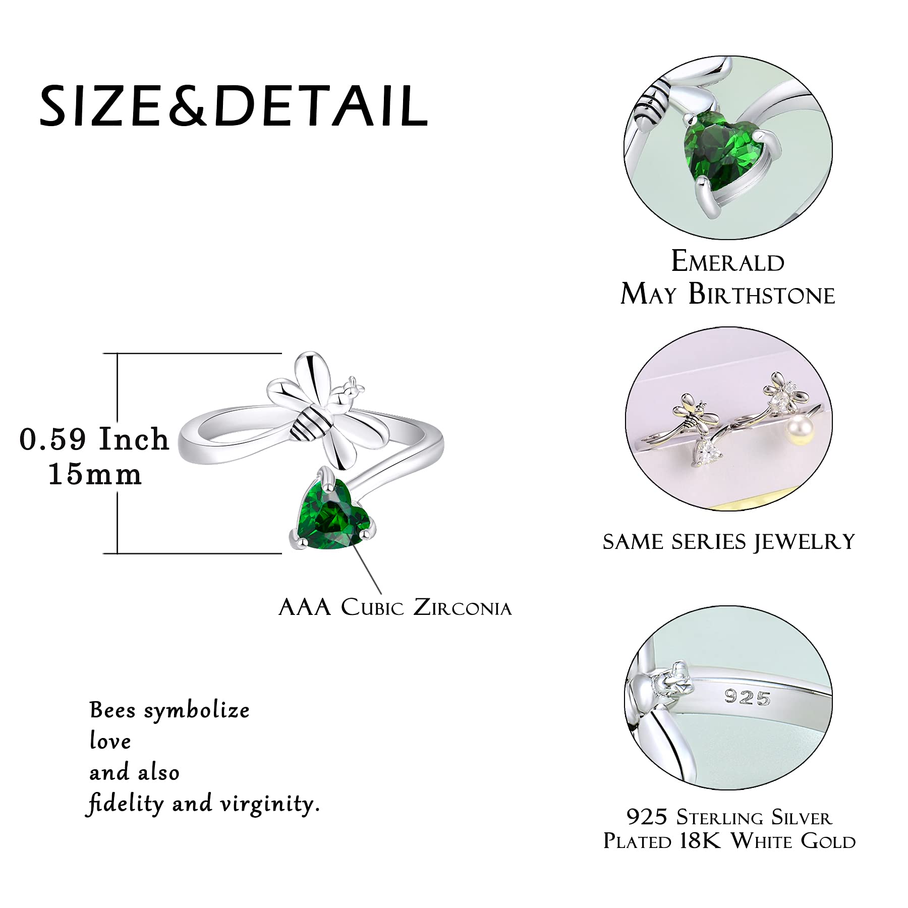 FJ Sterling Silver Women Bee Ring Open Animal Ring with Created Emerald (Adjustable Ring) (Size 9)