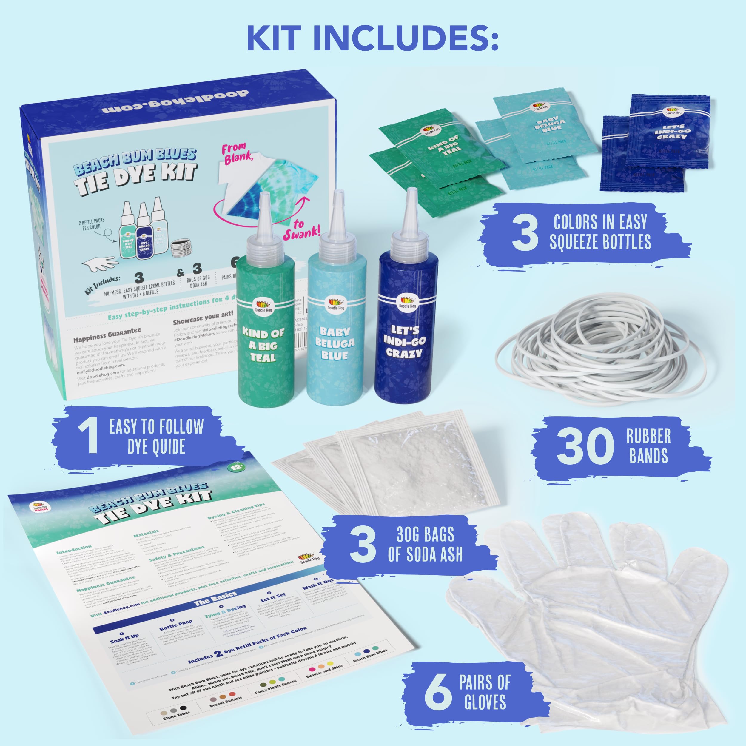DOODLE HOG Blue Colors Tie Dye Kit in Beach Bum Blue Tie Dye β Custom Clothing Dye with 6 Refills for Summer Activities for Kids - Tie Dye Supplies with Aqua Tie Dye Techniques Guide DIY