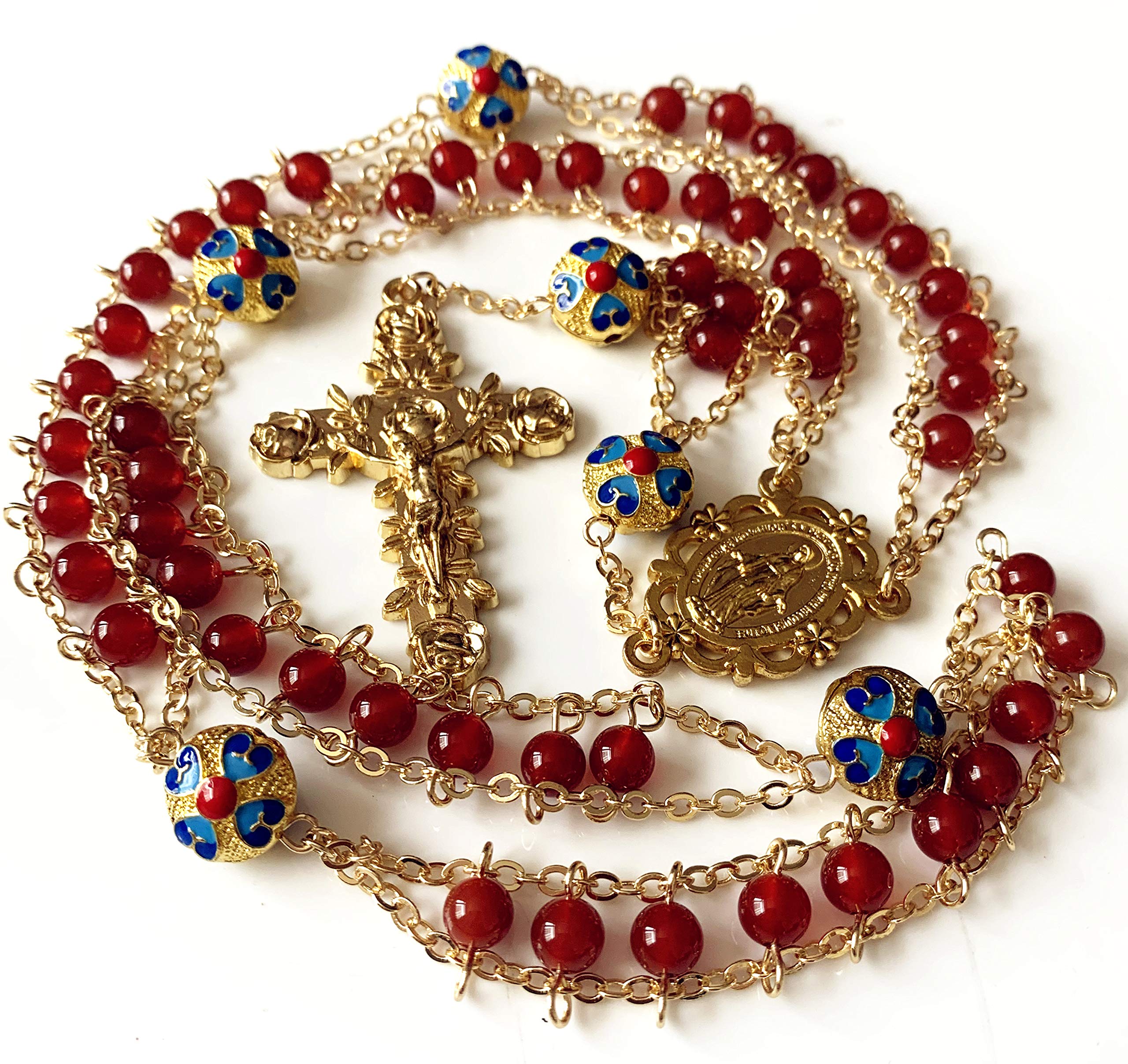 elegantmedical handmade Gold Ladder to Heaven Red Agate & Enamel Beads Catholic Rosary crucifix Necklace