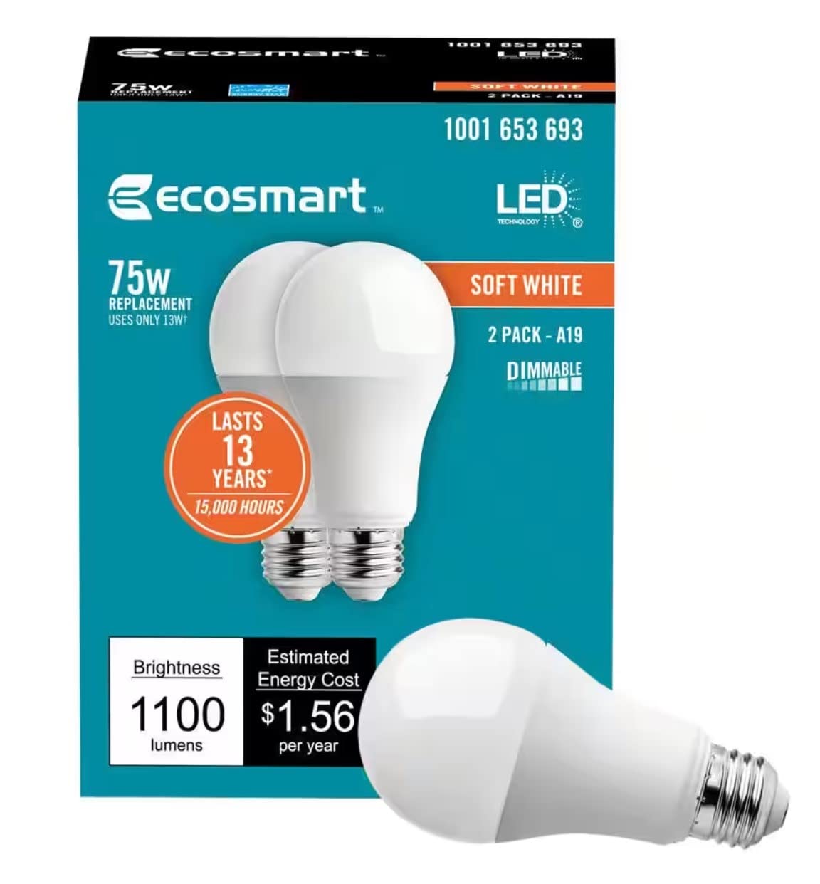 EcoSmart 75-Watt Equivalent A19 Dimmable Energy Star LED Light Bulb Soft White (2-Pack)