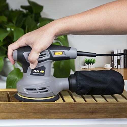 Jellas 5-Inch Random Orbital Sander with 18Pcs Sandpapers, 13000RPM 6 Variable Speed Sander Machine, High Performance Dust Collection System for Woodworking, 2.5A, Dust Collection Bag Include - OS280