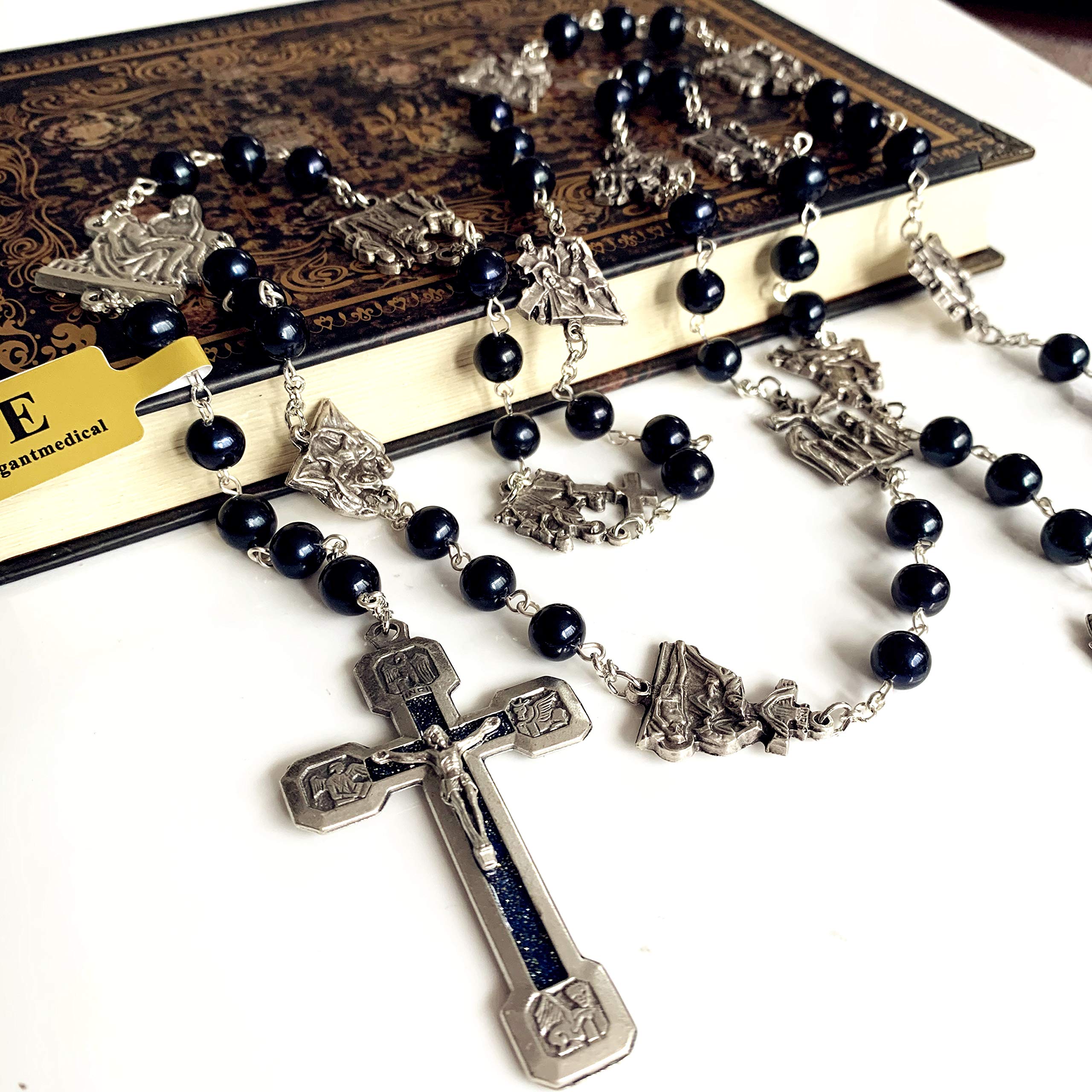 elegantmedical Stations of the Cross Prayer Rosary Real Black Pearl Beads Necklace Catholic Gifts Box
